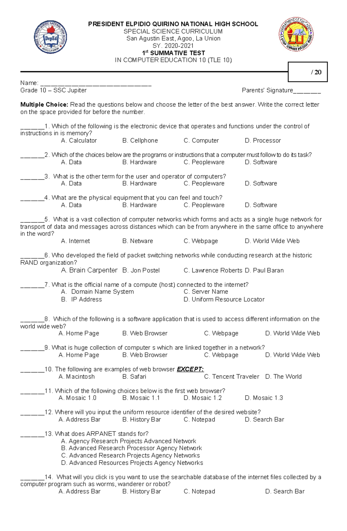 Grade 10 SSC Jupiter - Computer Education 10 ST1 Summative Test - Studocu