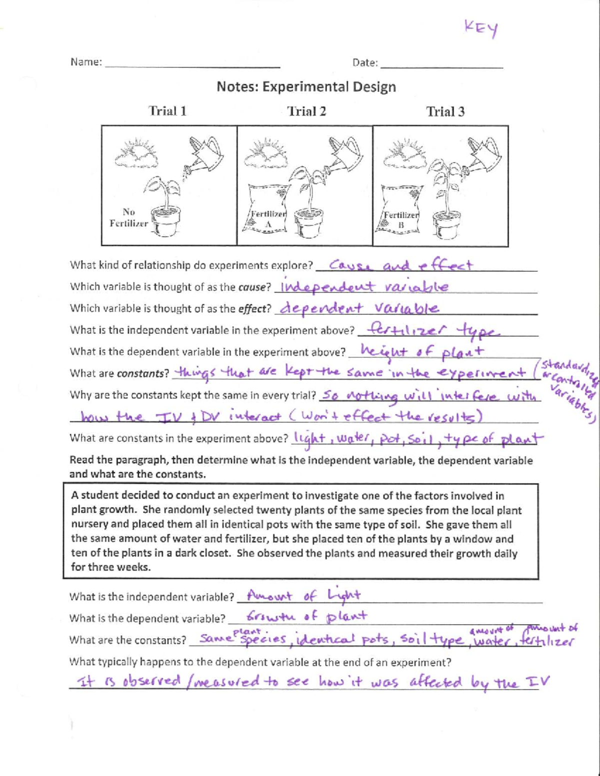 Experimental Design Review Key: Understanding IV, DV, and Constants ...