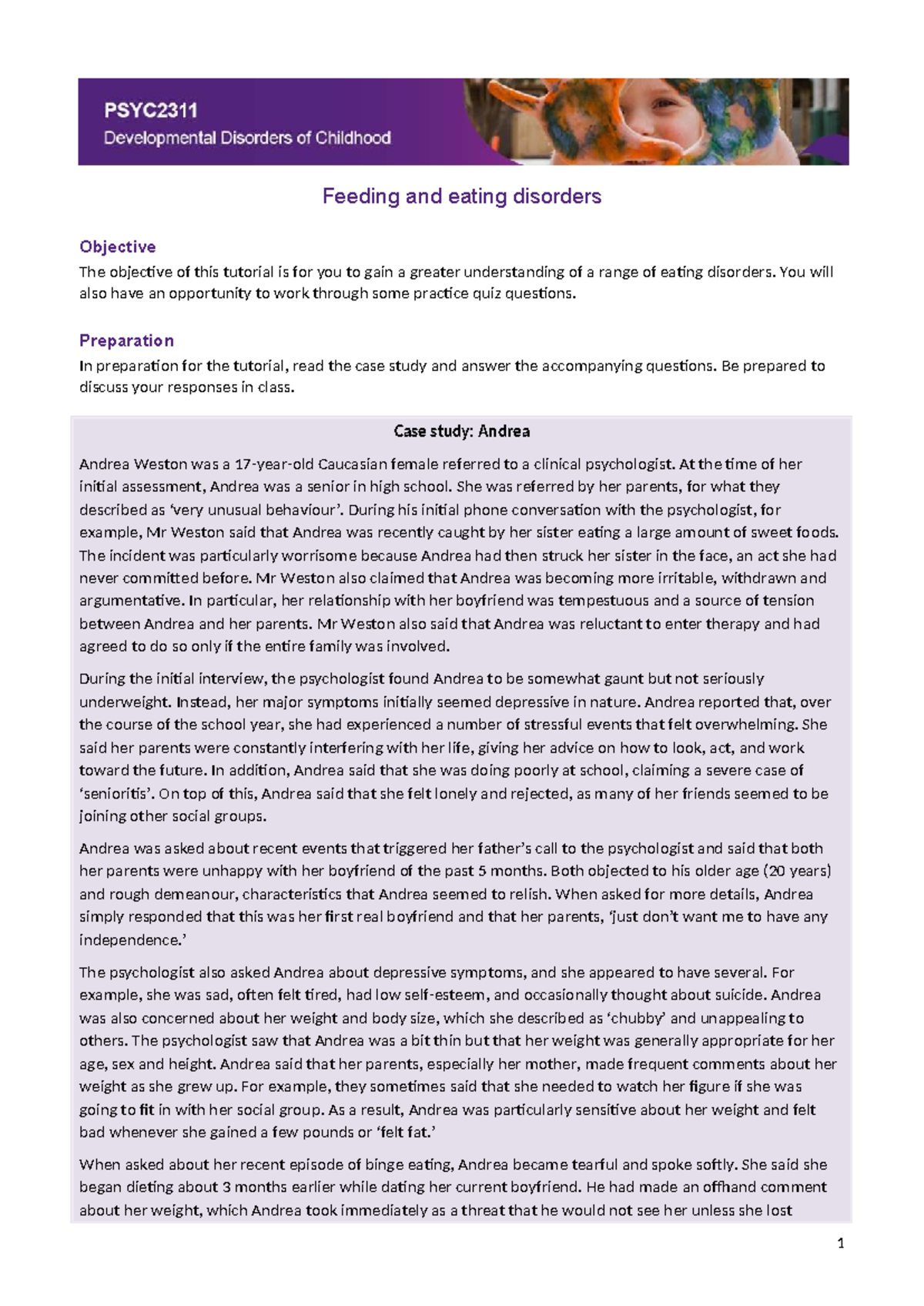 PSYC2311 Tutorial Worksheet: Understanding Eating Disorders - Studocu