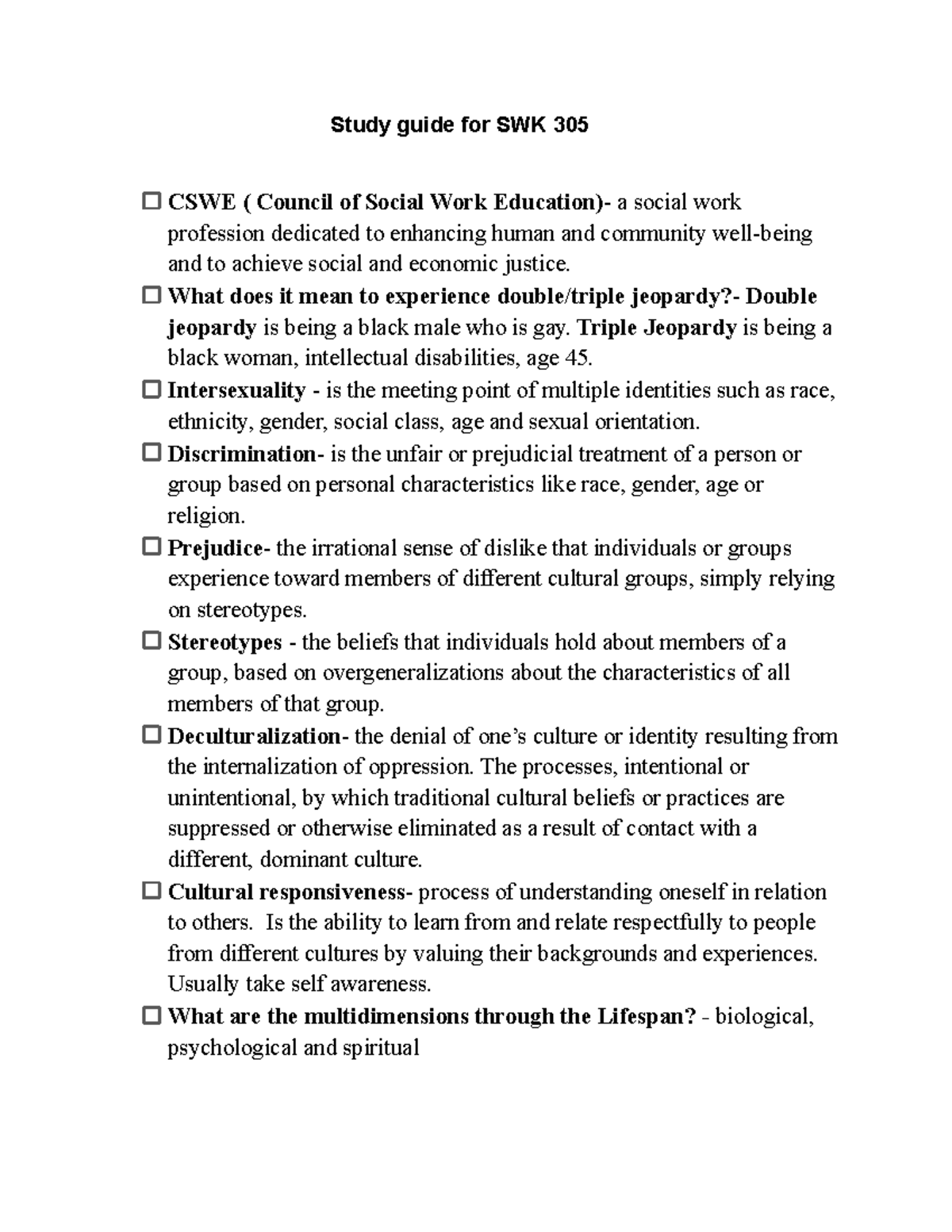 Study Guide for SWK 305: Cultural Competence & Identity Dynamics - Studocu