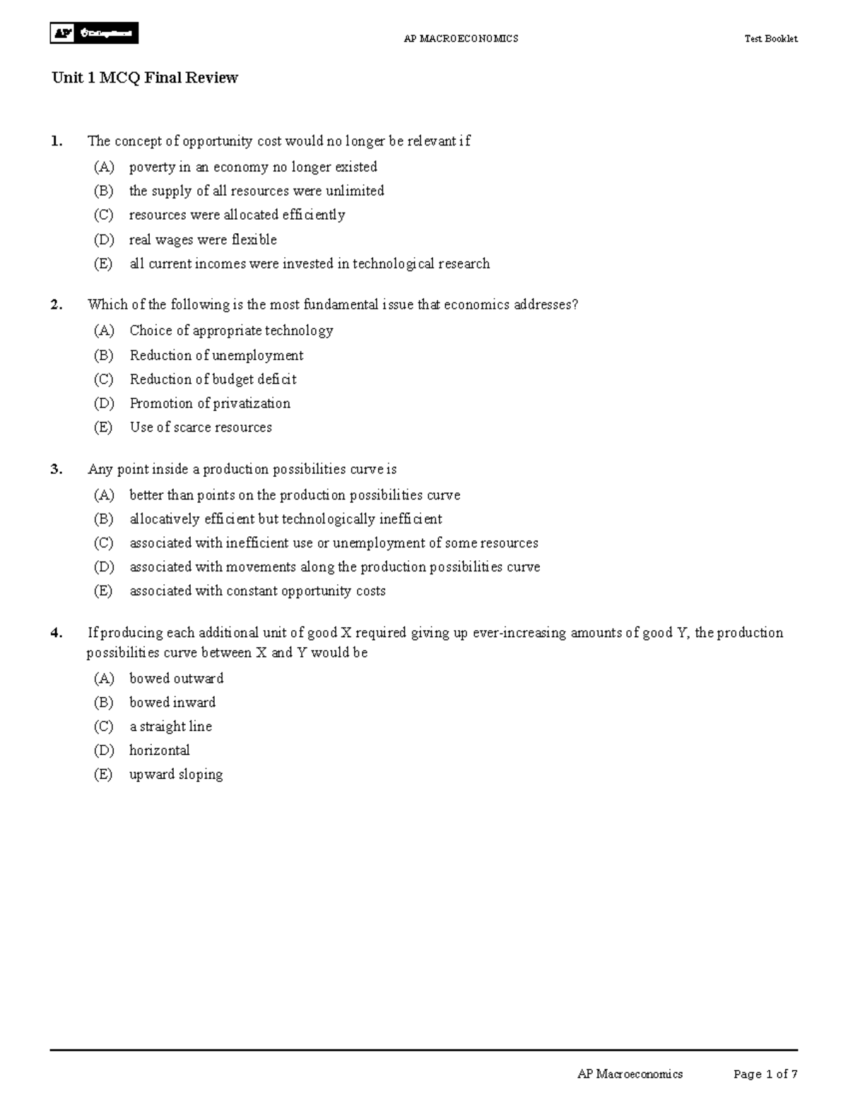 AP MACROECONOMICS Unit 1 MCQ Final Review Test Booklet - Studocu
