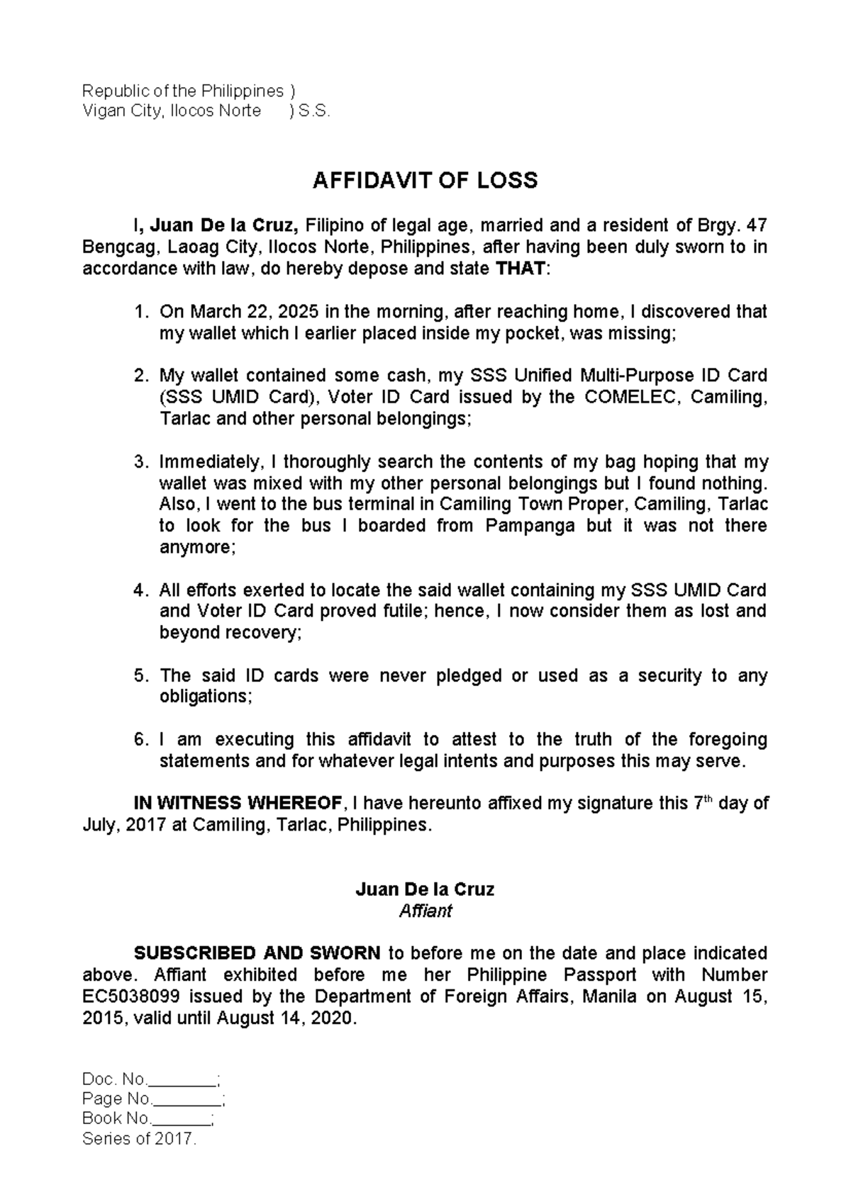 Affidavit of Loss of Wallet and ID Cards - Legal Document - Studocu