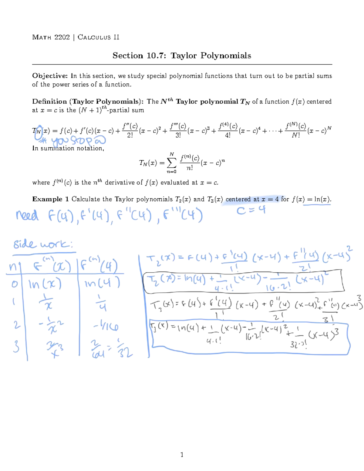 Math 2202 Calculus II: Section 10.7 Taylor Polynomials Notes - Studocu