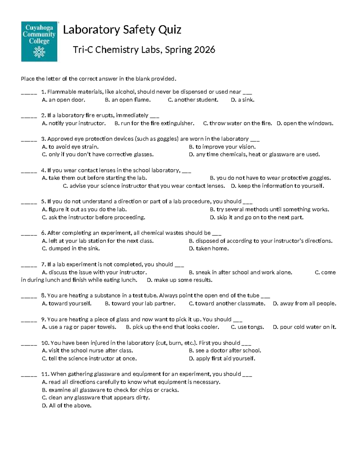 Chemistry Lab Safety Quiz (CHEM 101) - Spring 2026 - Studocu