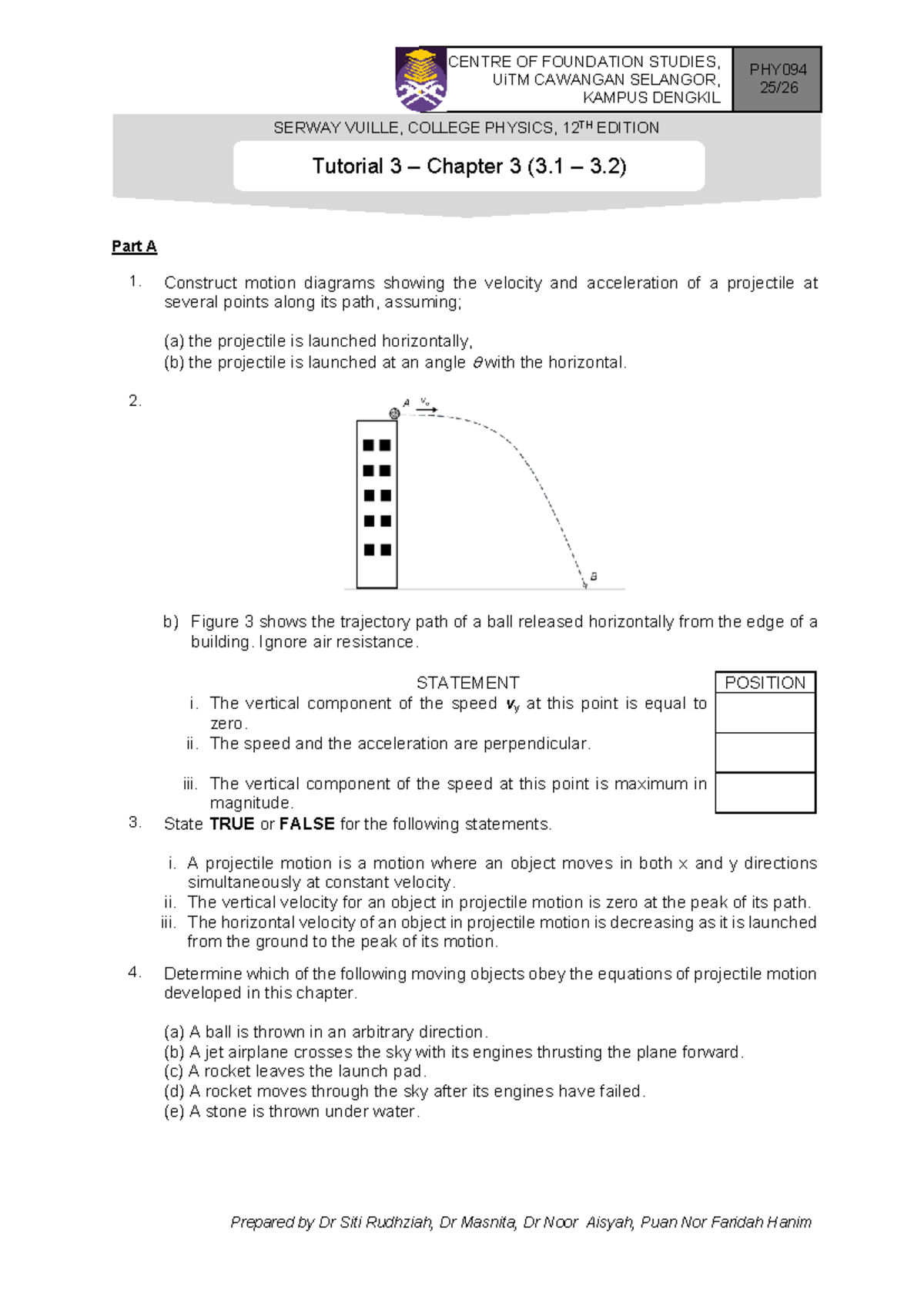 PHY094 Tutorial 3: Projectile Motion Concepts and Problems - Studocu