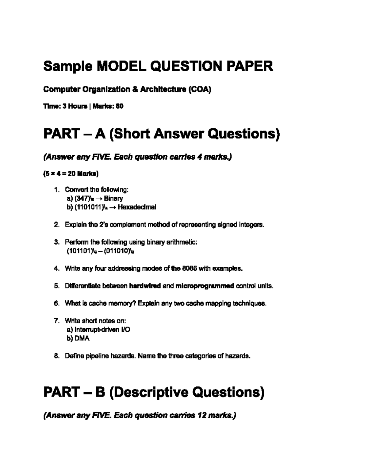 Sample MODEL QUESTION PAPER: Computer Organization Architecture (COA ...
