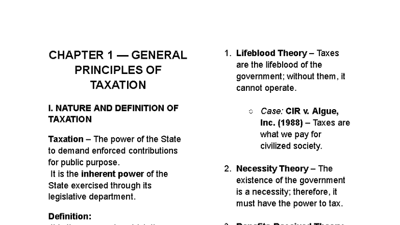 TAXATION REVIEWER: CHAPTER 1 - GENERAL PRINCIPLES OF TAXATION - Studocu