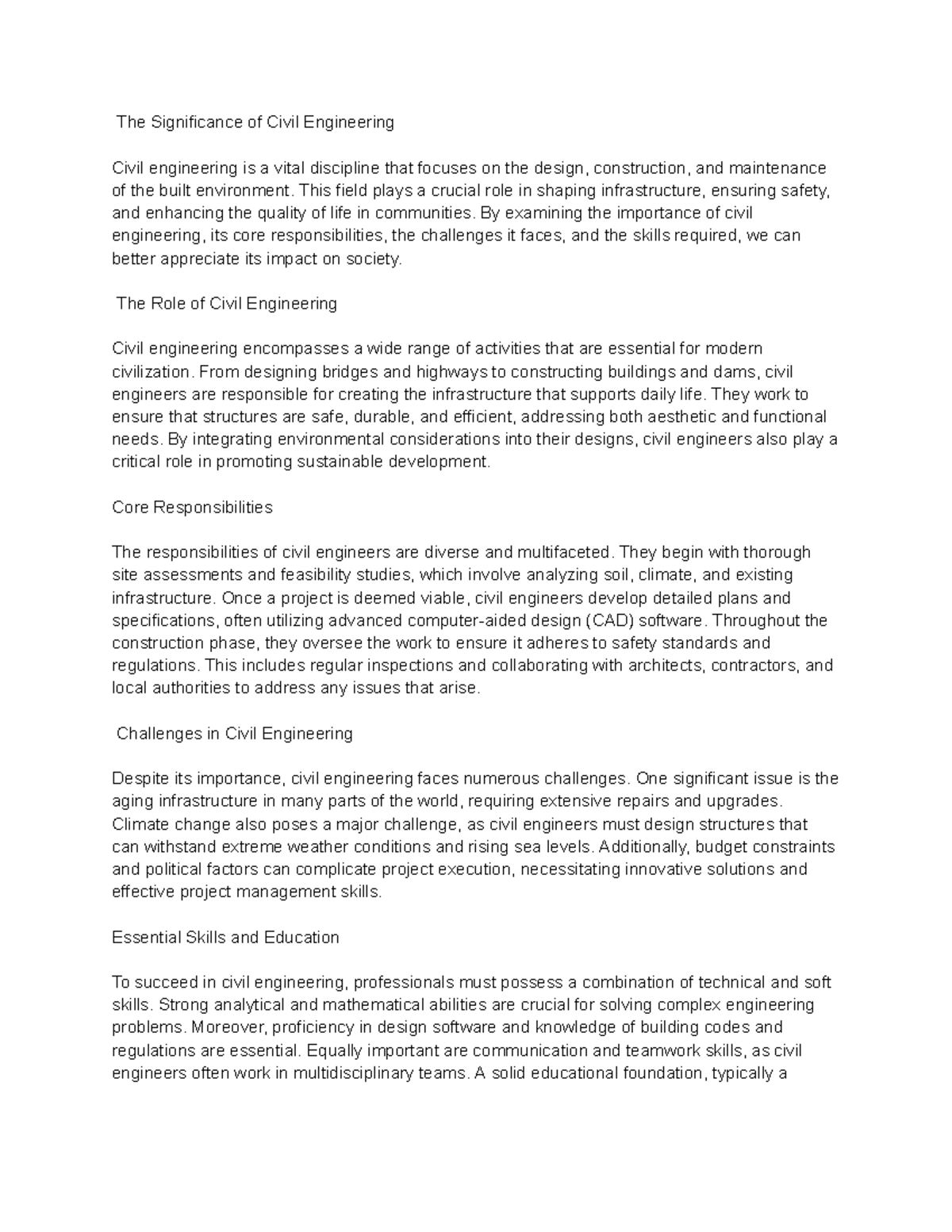 CIV 101 - Essay on the Importance of Civil Engineering in Society - Studocu