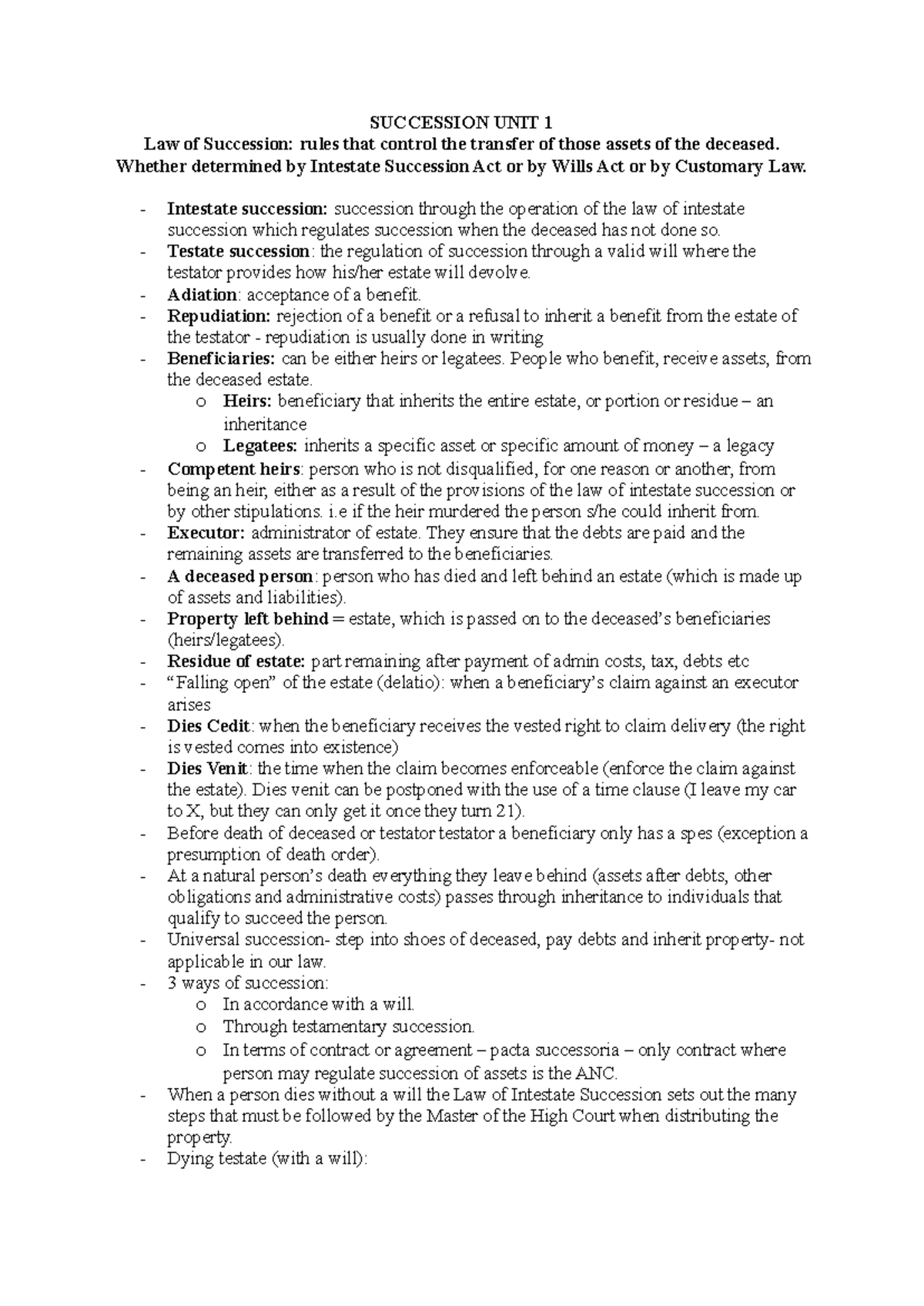 Succession UNIT 1: Law of Succession Class Notes and Key Concepts - Studocu