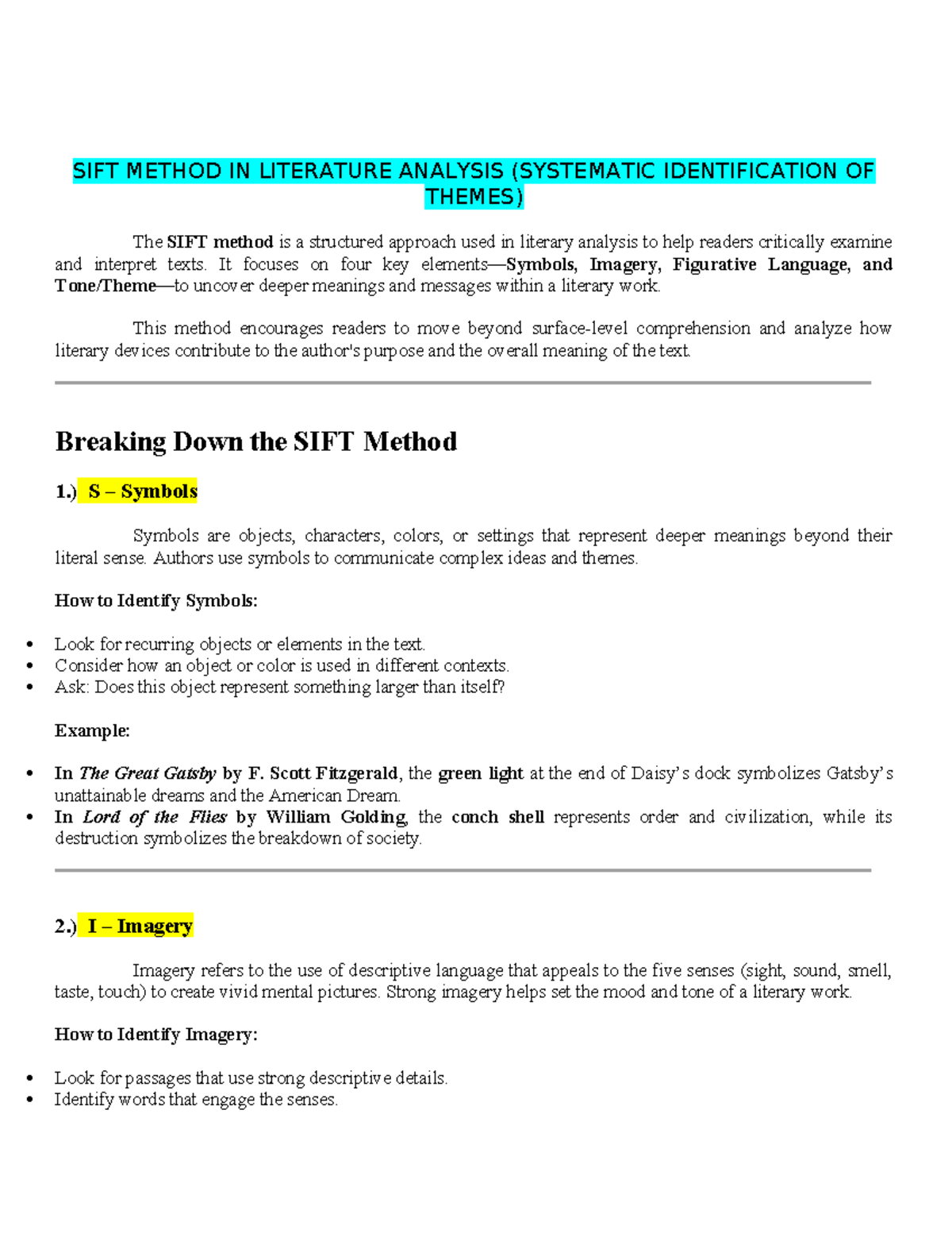 SIFT Method for Literary Analysis: A Guide for English 8 Students - Studocu