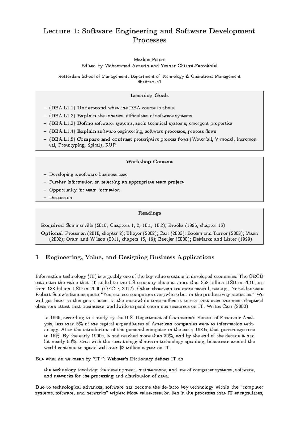 DBA Lecture Notes: Software Engineering Overview and Concepts - Studeersnel
