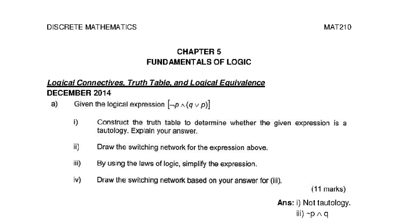 MAT210 DISCRETE MATHEMATICS CHAPTER 5 LOGIC PAST YEAR QUESTIONS - Studocu