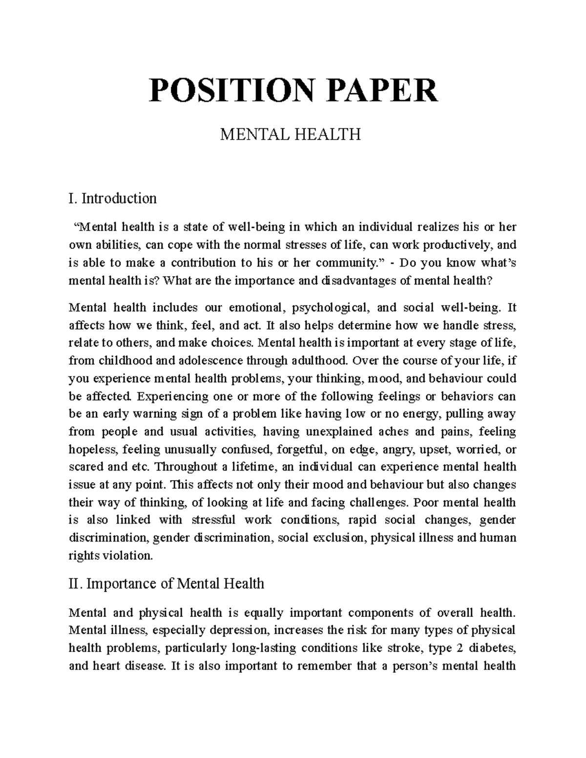 Position Paper on Mental Health: Importance, Disadvantages, and ...