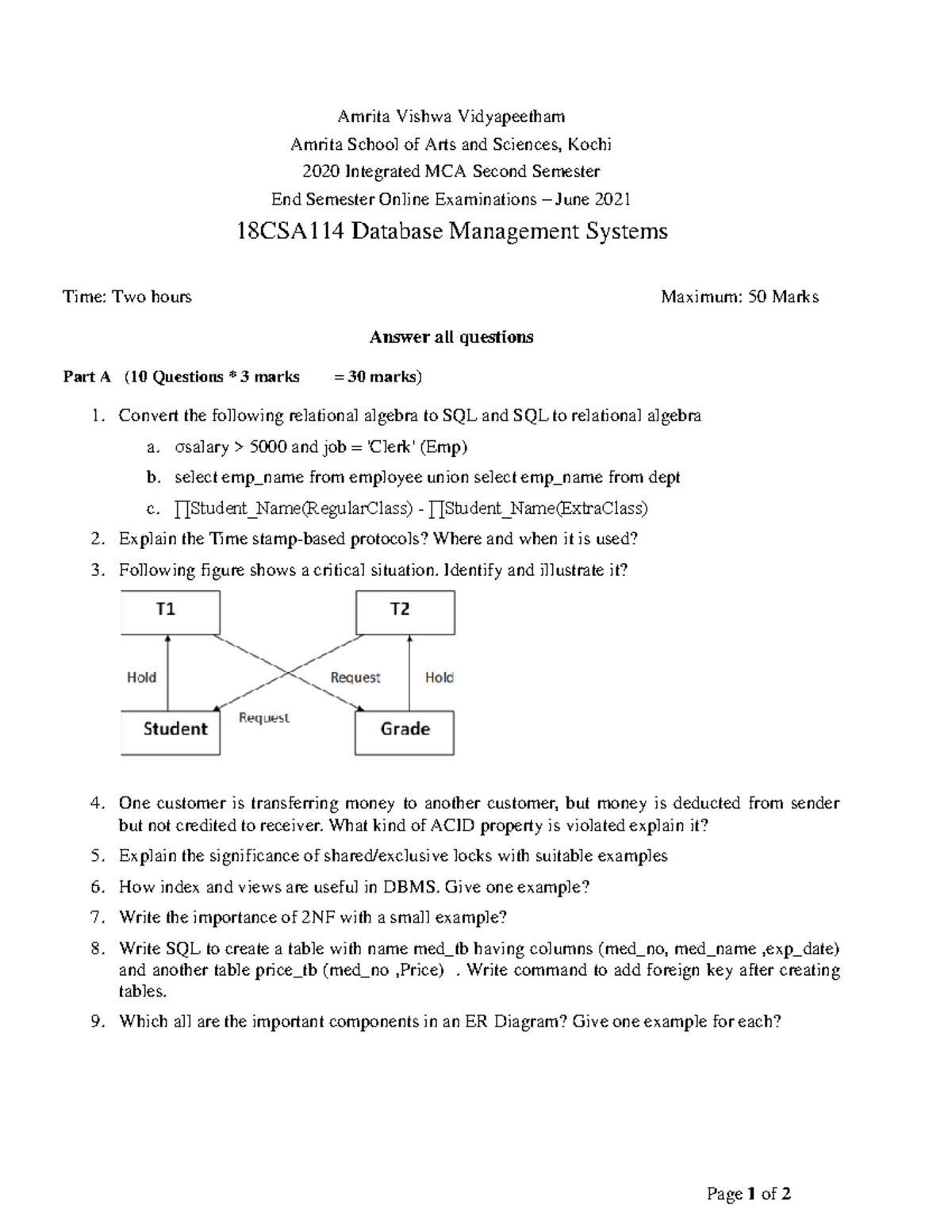 18CSA114 DBMS End Semester Question Paper - June 2021 Exam - Studocu