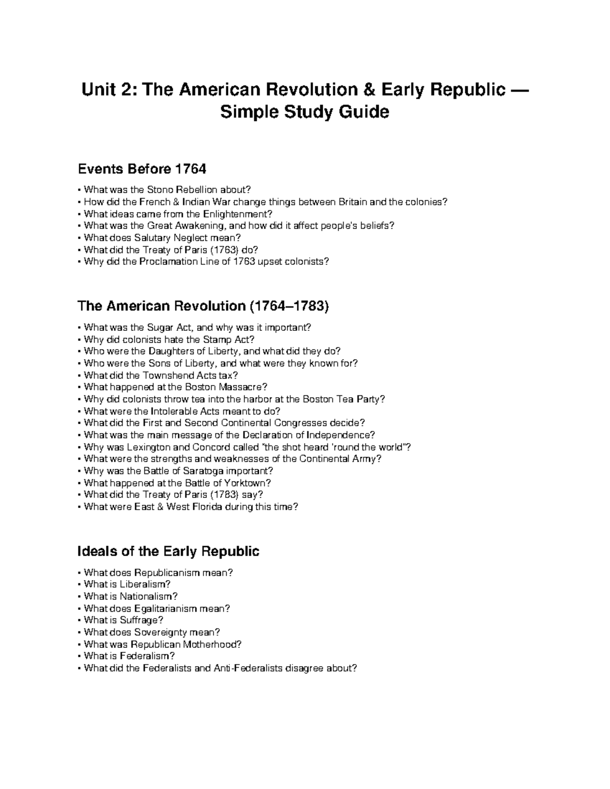 Unit 2: American Revolution & Early Republic Study Guide - Studocu