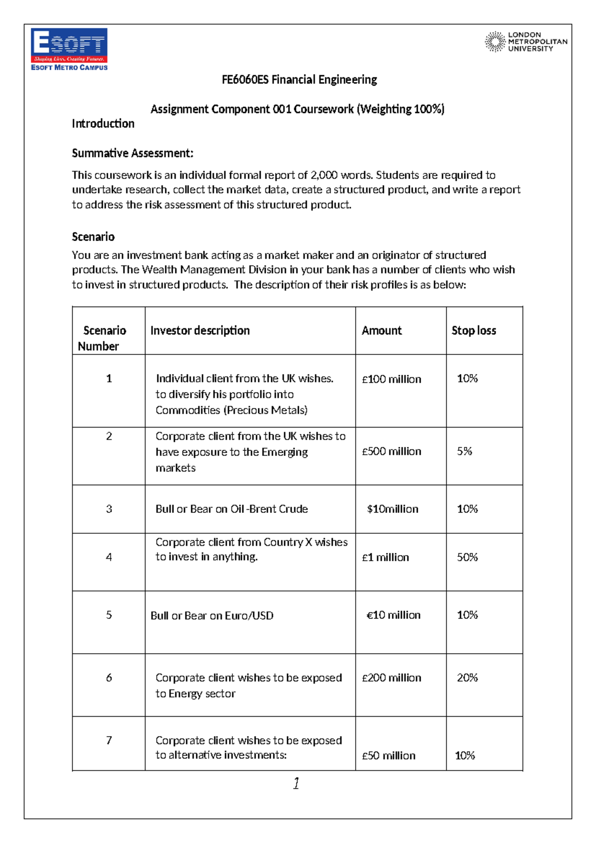 FE6060ES Financial Engineering Coursework - Structured Product Risk ...