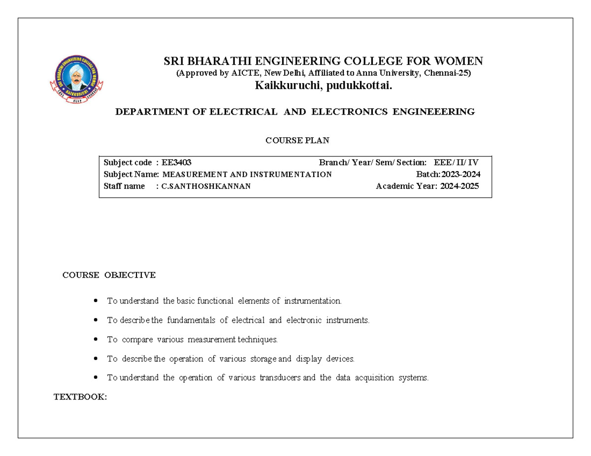 EE3403 Course Plan: Measurement & Instrumentation (MI) - Studocu