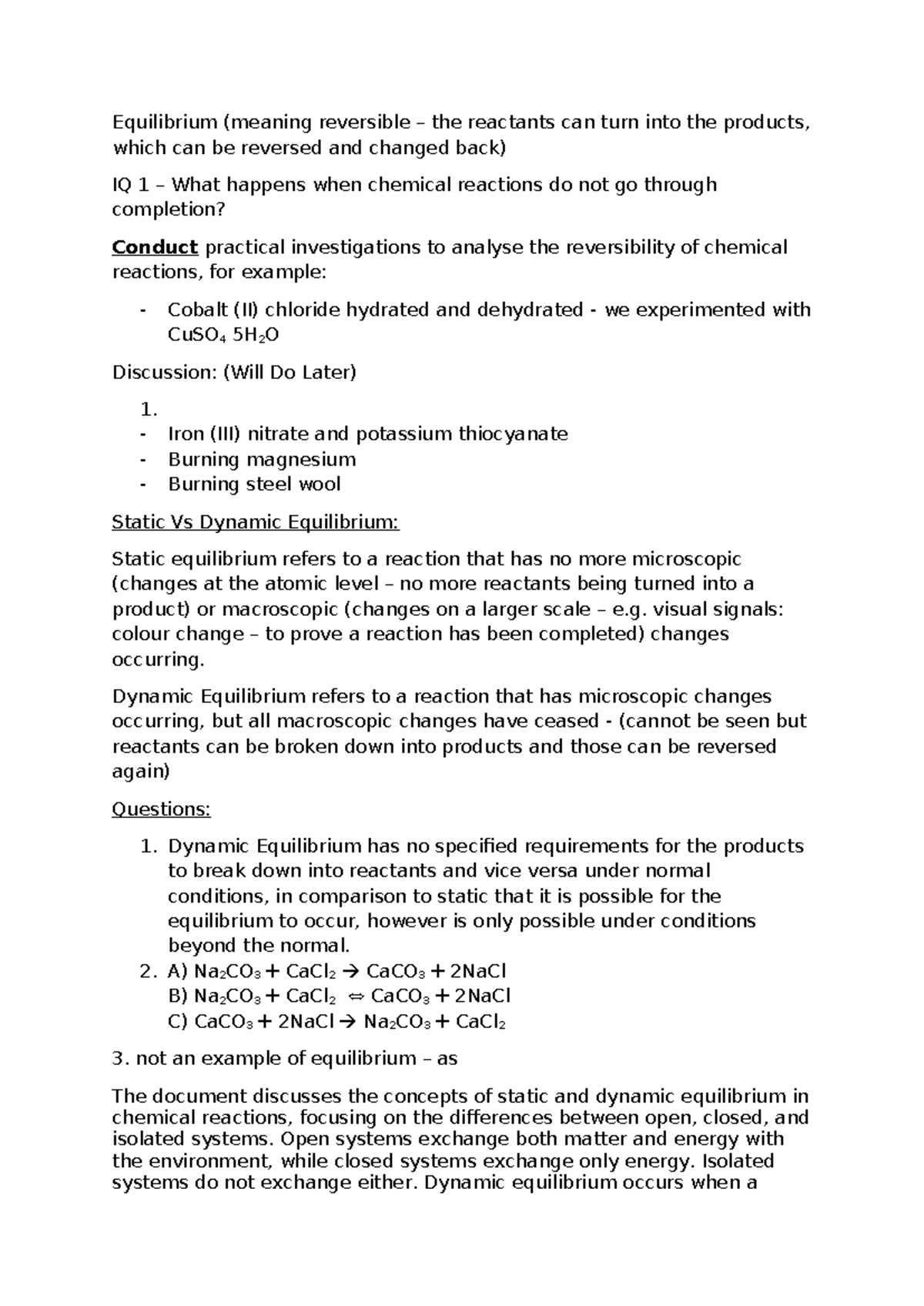 Chem - mod 5 - Not Complete :) - Equilibrium (meaning reversible – the ...
