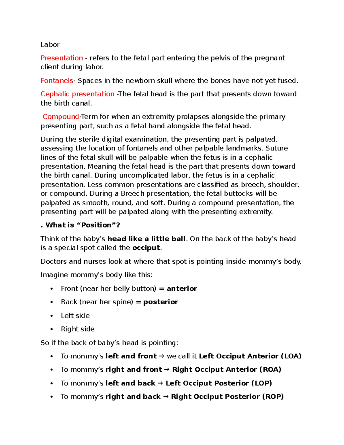 Labor - Notes on Fetal Presentation and Monitoring (NUR 101) - Studocu