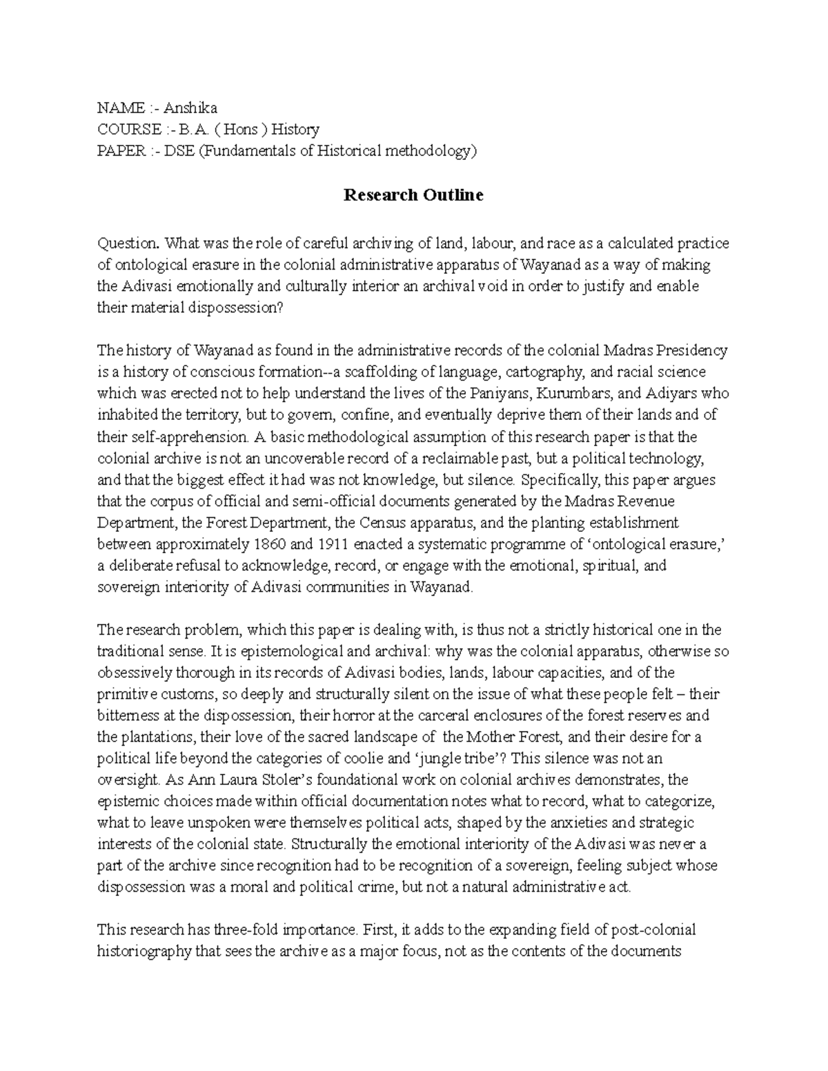 DSE Research Outline: Archiving, Erasure, and Adivasi in Wayanad - Studocu