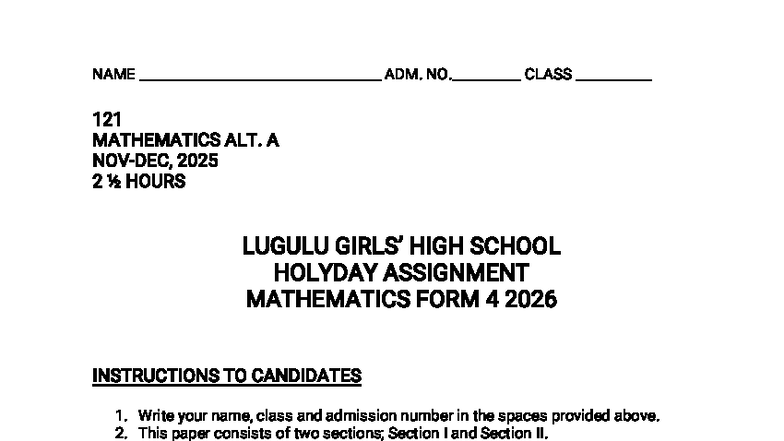 Nov-Dec 2025 Math Assignment - Form 4 - Class 121 - Studocu