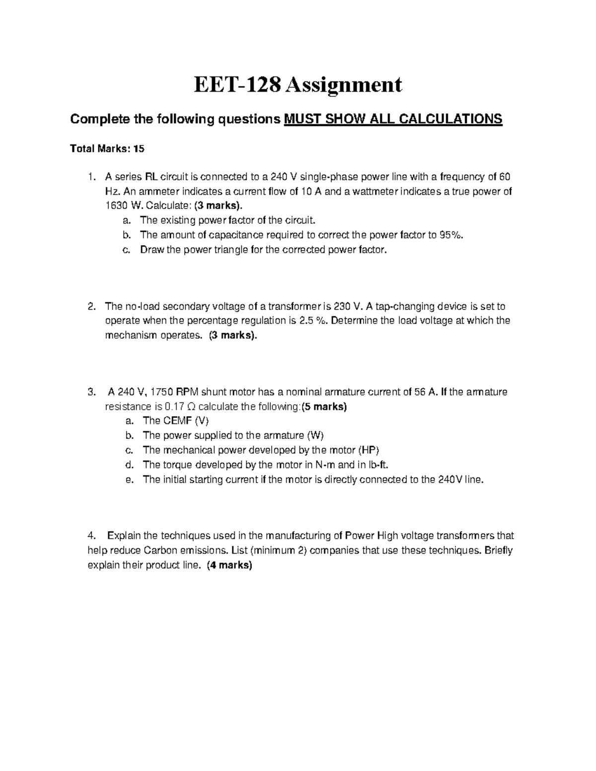 EET-128 Assignment - Mandatory Project with Calculations & Analysis ...