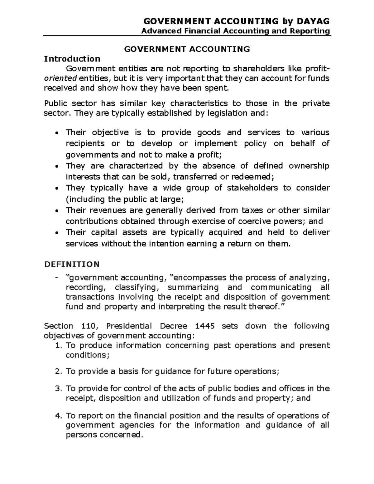 Afar Government Accounting Summary Of Key Concepts And Definitions