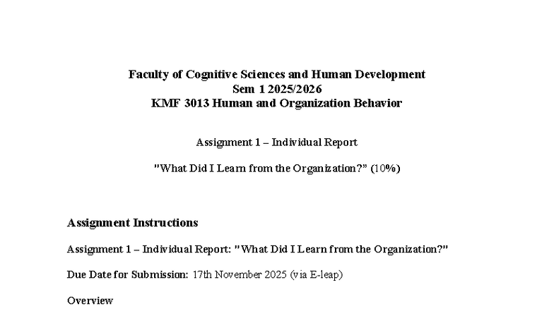 HOB Assignment 1 Reflection on Org Behavior KMF 3013 - Studocu