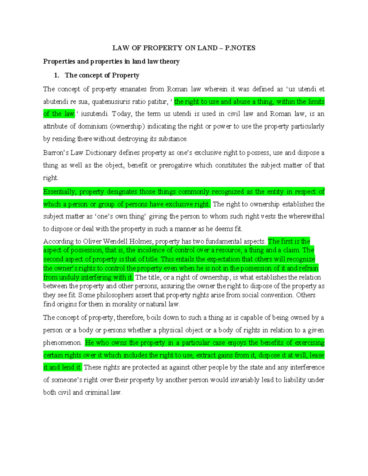 LAW OF PROPERTY ON LAND - P. NOTES: Key Concepts and Theories - Studocu