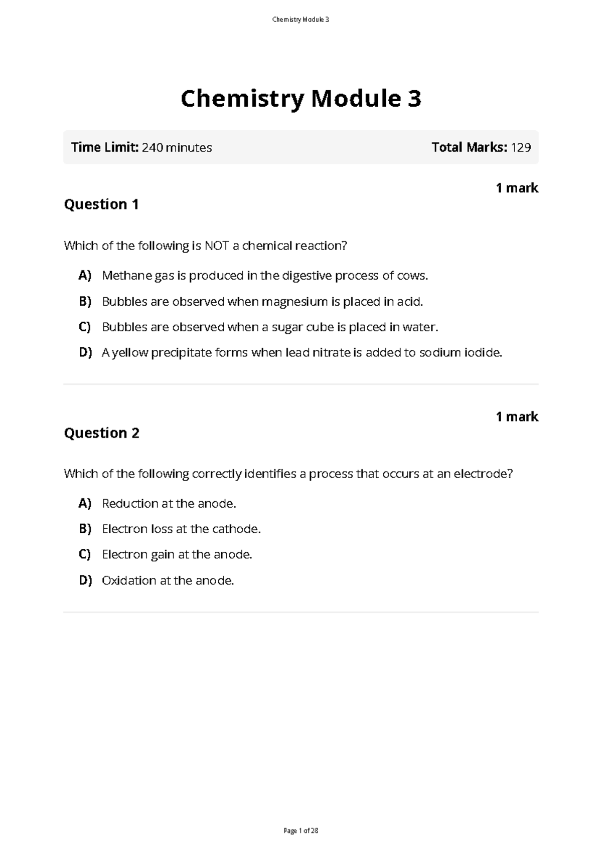 Chemistry Module 3: Comprehensive Exam Questions and Answers - Studocu