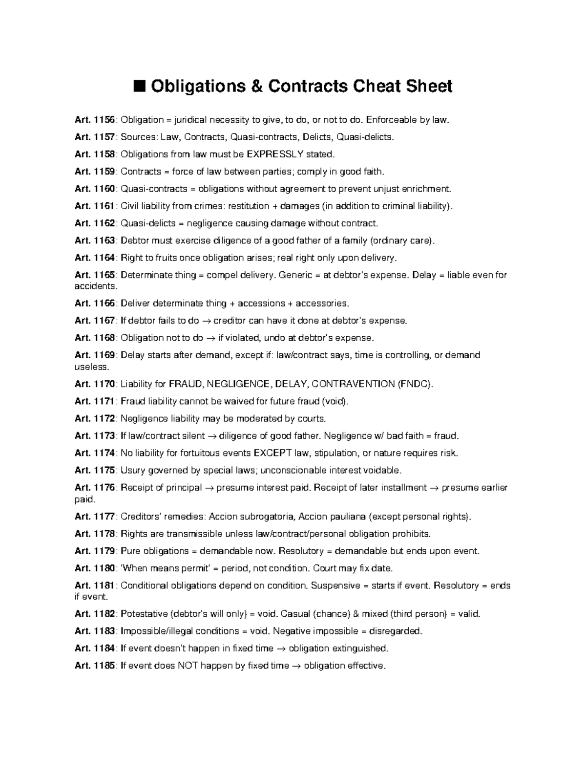 Obligations Contracts Cheat Sheet: Key Articles Overview - Studocu