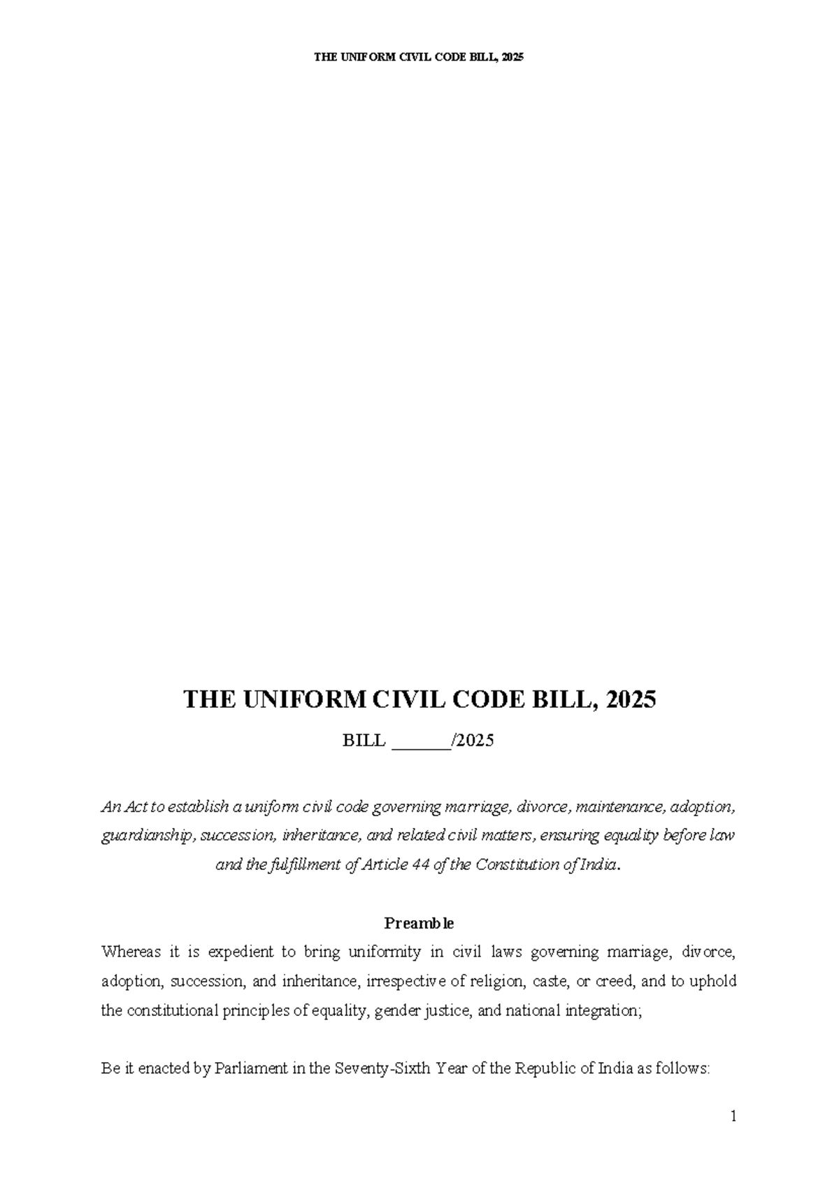 The Uniform Civil Code Bill, 2025: Key Provisions & Implications - Studocu