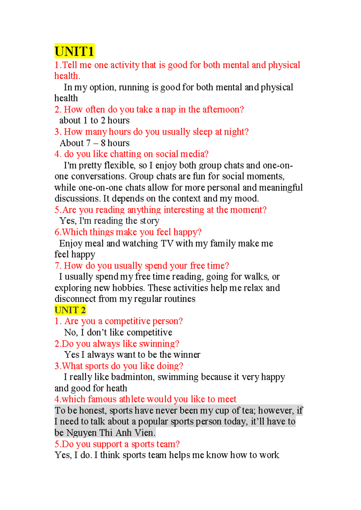 UNIT1 - rtyu - UNIT 1 me one activity that is good for both mental and ...