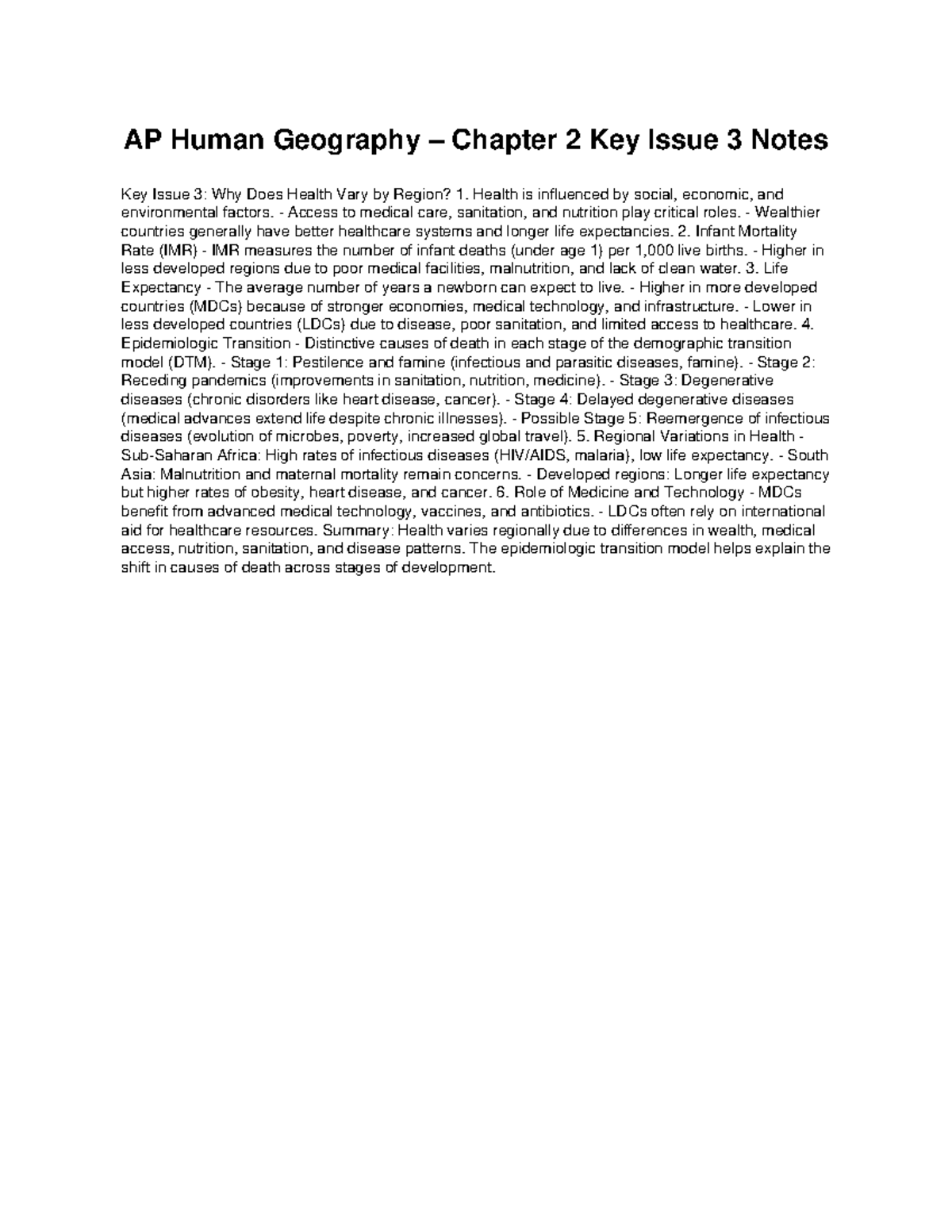 AP Human Geography Chapter 2 Key Issue 3 Notes: Health Variations by ...