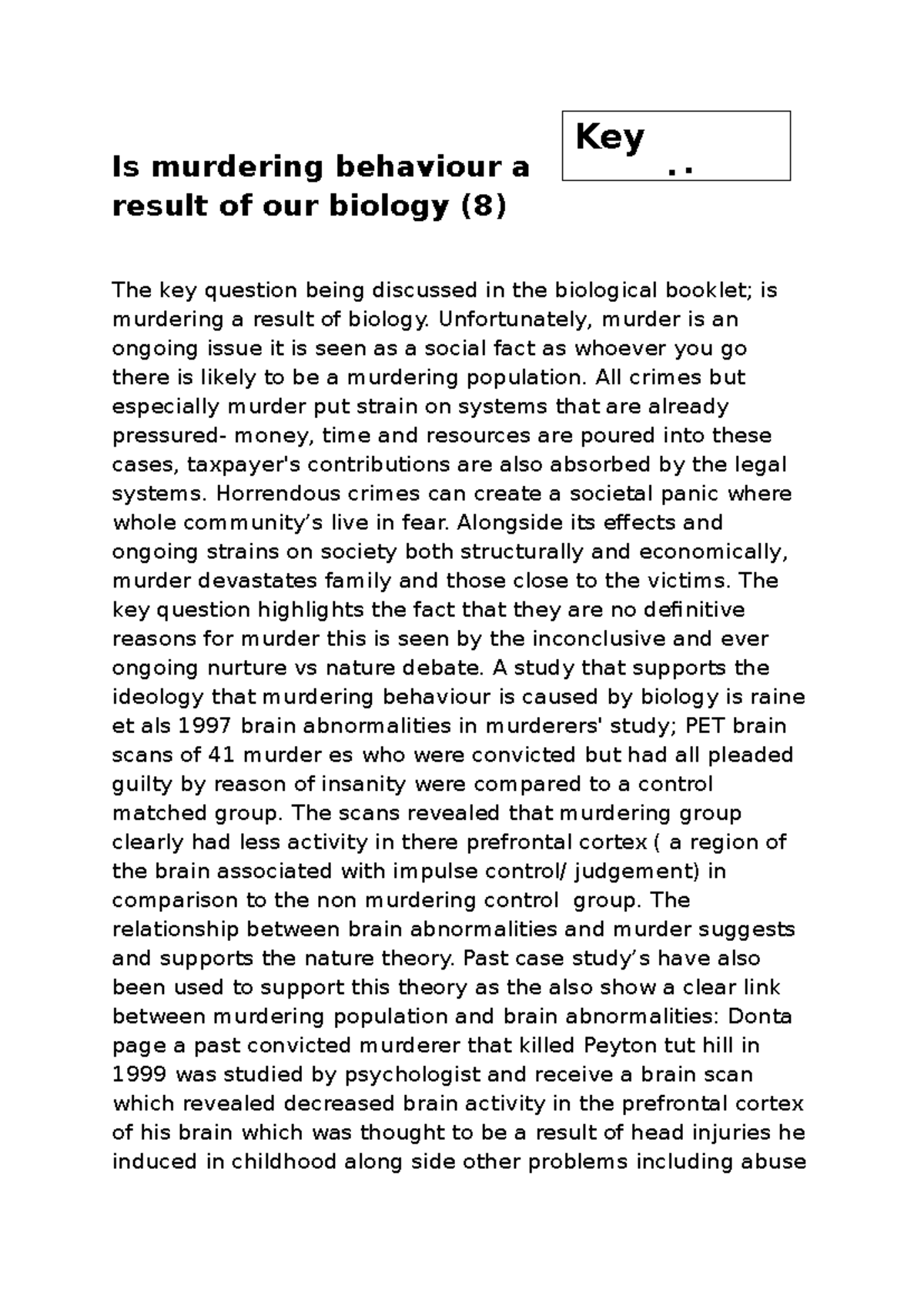 Biological Perspectives on Murder: Nature vs. Nurture Debate (8 Marker ...