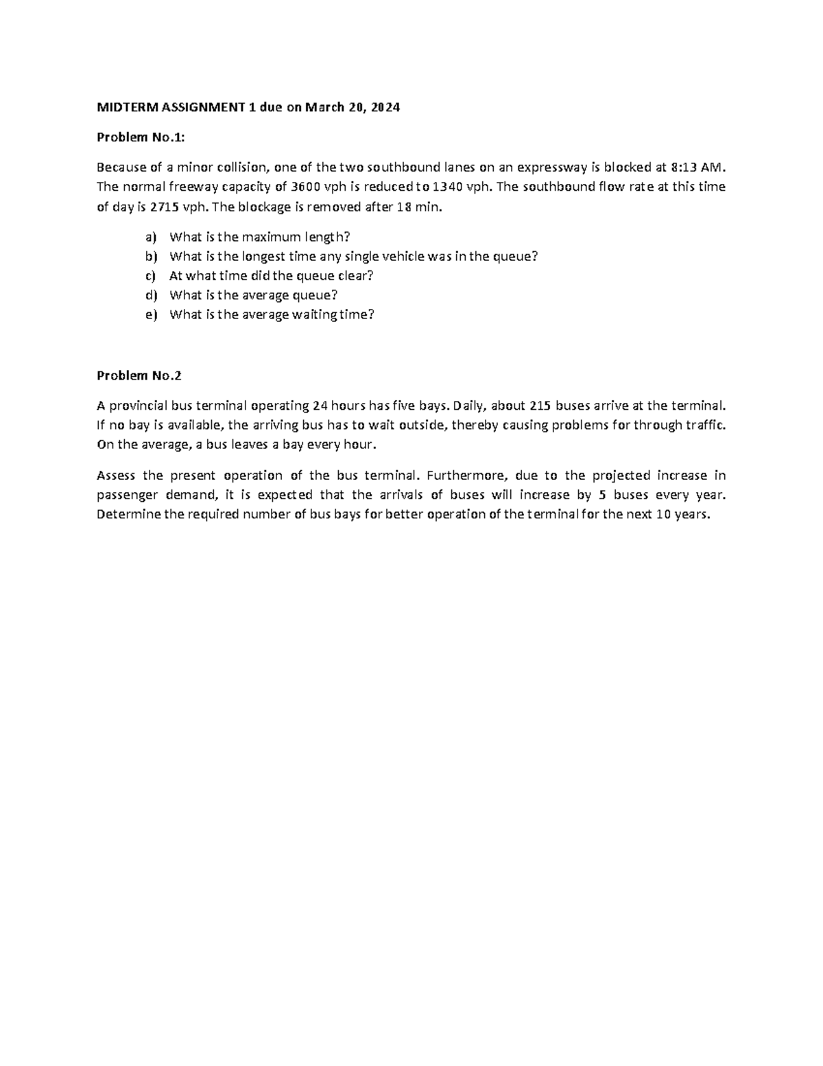 CE 4211 Midterm Assignment 2024: Traffic Flow and Bus Terminal Analysis - Studocu