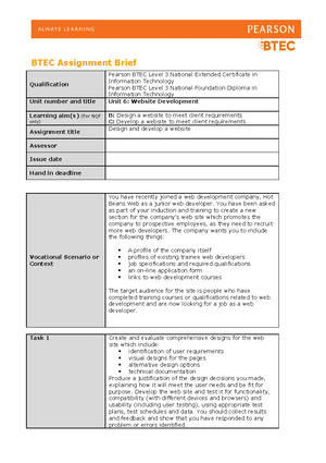 Assignment Brief for Learning Aims A and B Unit 7 IT Systems - BTEC Assignment Brief ...