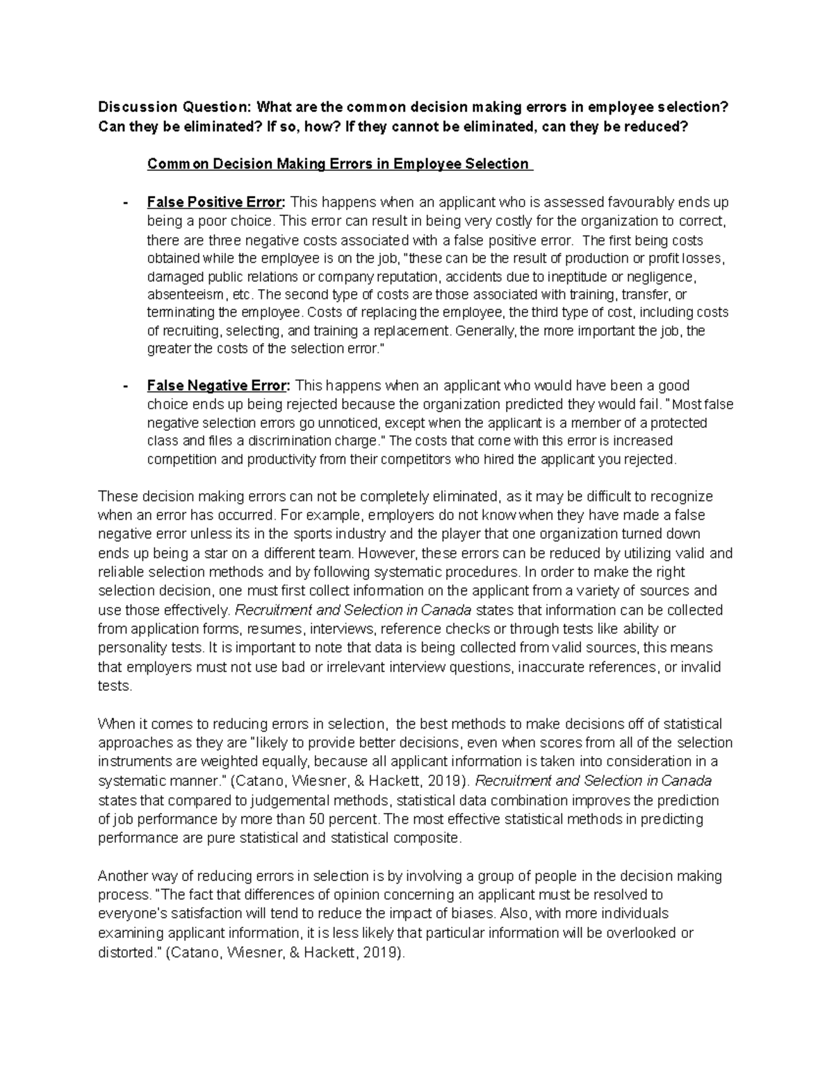 Week 9 - Common Errors in Employee Selection Decision Making - Studocu