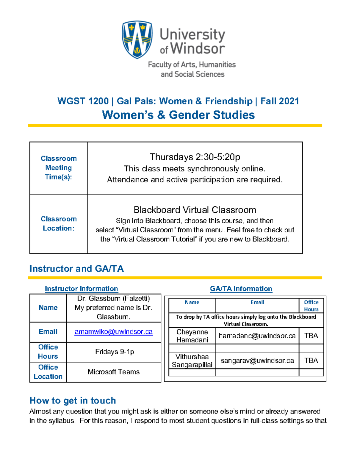 Syllabus WGST 1200 Gal Pals: Women and Friendship Fall 2021 - Studocu