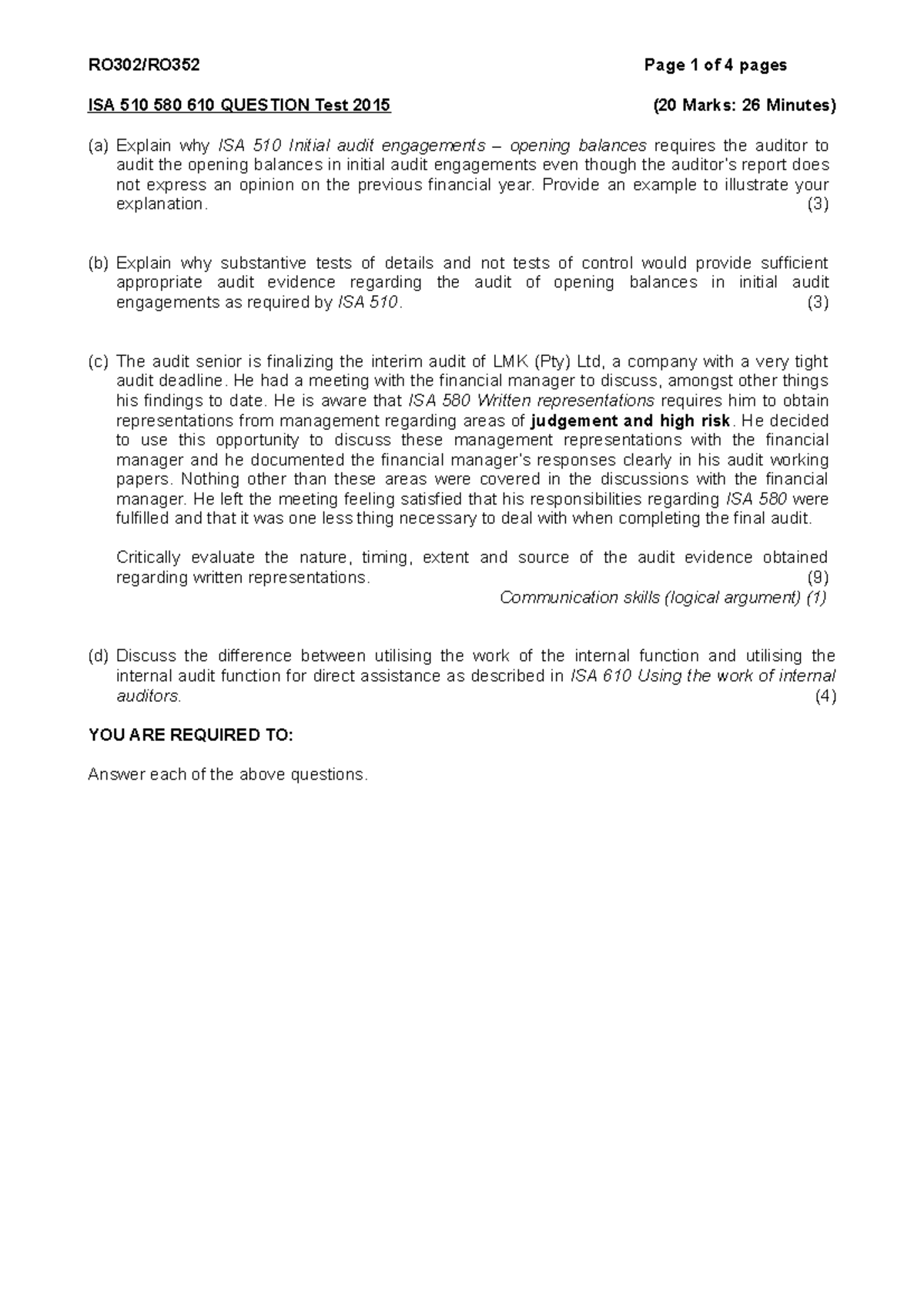 ISA510 580 610 Q Test 2015 RO - RO302/RO352 Page 1 of 4 pages ISA 510 ...