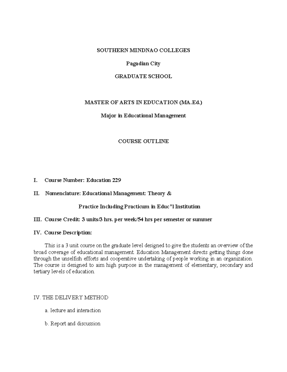 ED-229 Course Outline: Educational Management Theory & Practice - Studocu