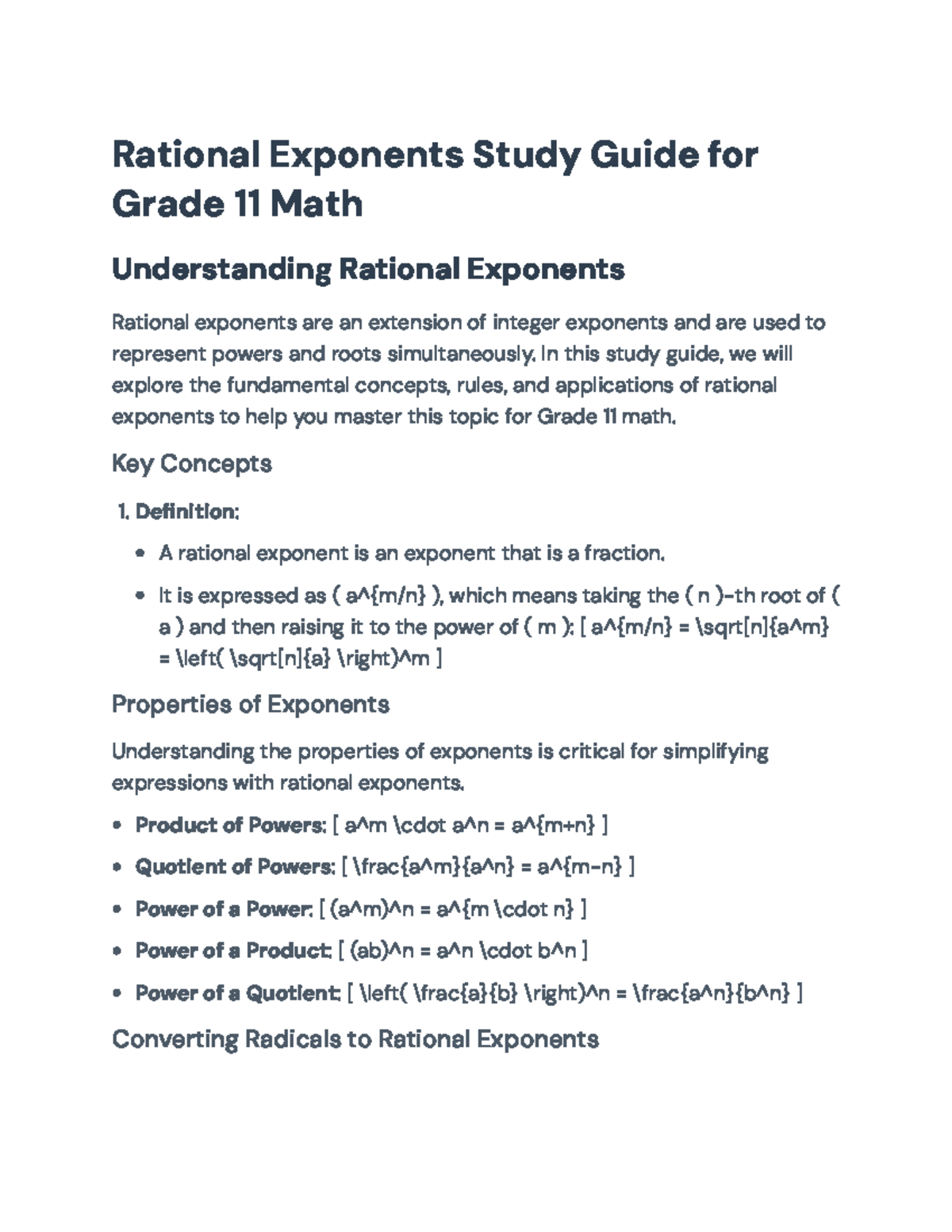 Rational Exponents Study Guide for Grade 11 Math - Rational Exponents ...