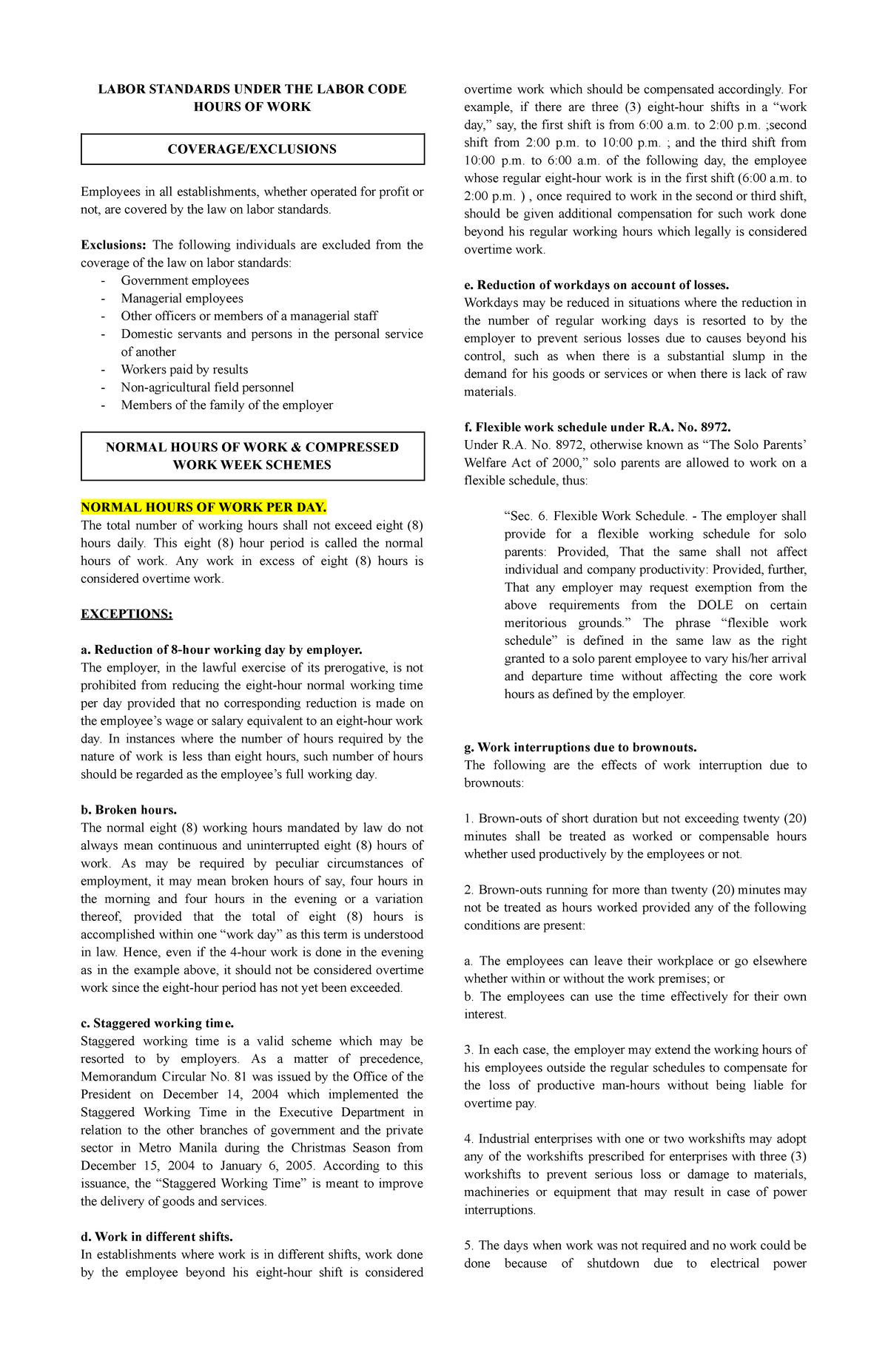 Labor Law: Understanding Labor Standards and Hours of Work - Studocu