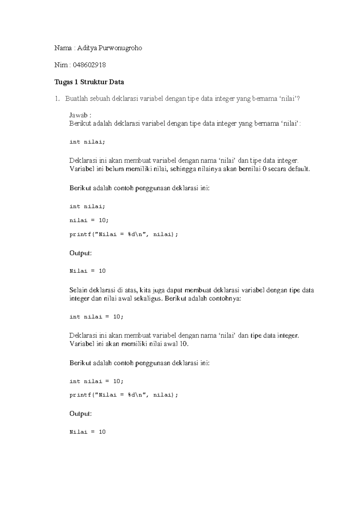Tugas 1 Struktur Data (SI-123) - Deklarasi Variabel dan Array - Studocu