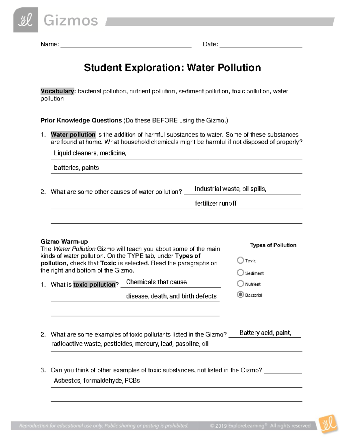 Water Pollution Gizmo Exploration: Types and Causes of Pollution - Studocu