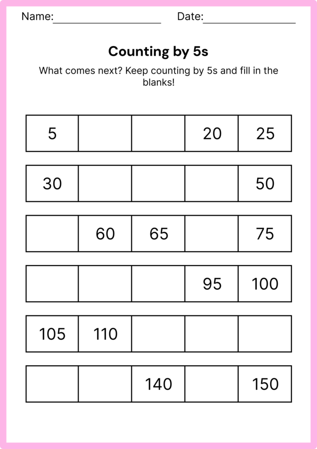 Counting by 5s Practice Worksheet – Version 2 - Name: Date: Counting 5s ...