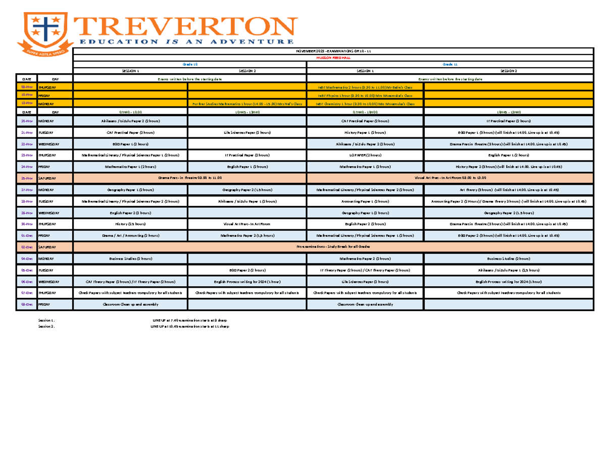 November 2023 Exam Timetable for Gr 10 & 11 - Studocu