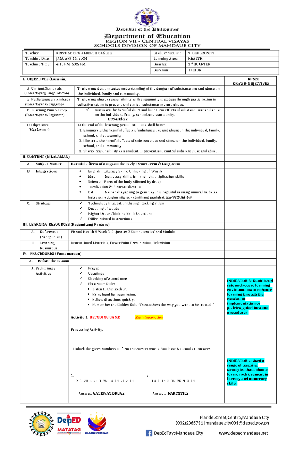 Health 9 Week 2 Quarter 2 Lesson Plan on Substance Use Effects - Studocu