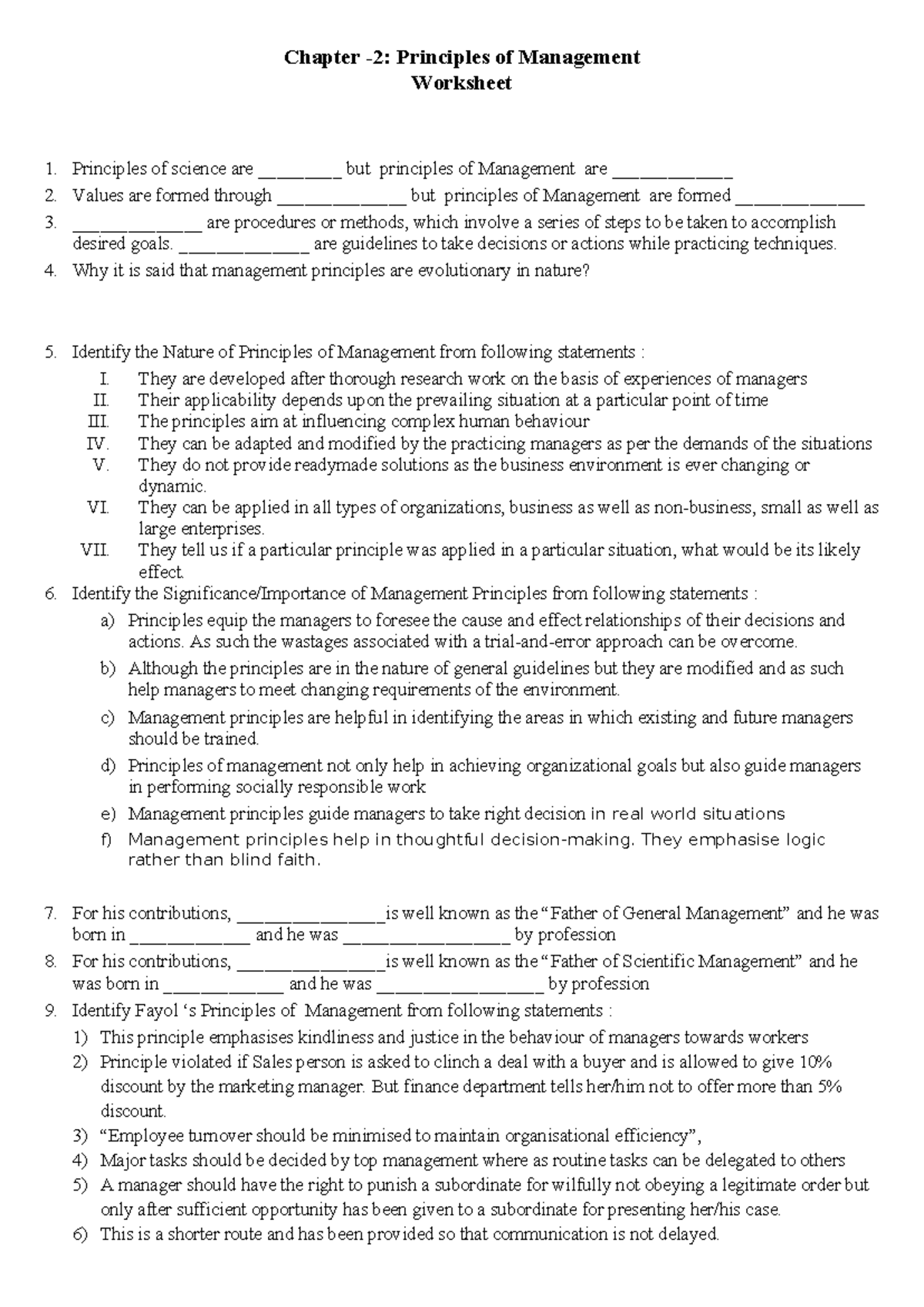 Chapter 2 Worksheet: Principles of Management Overview - Studocu