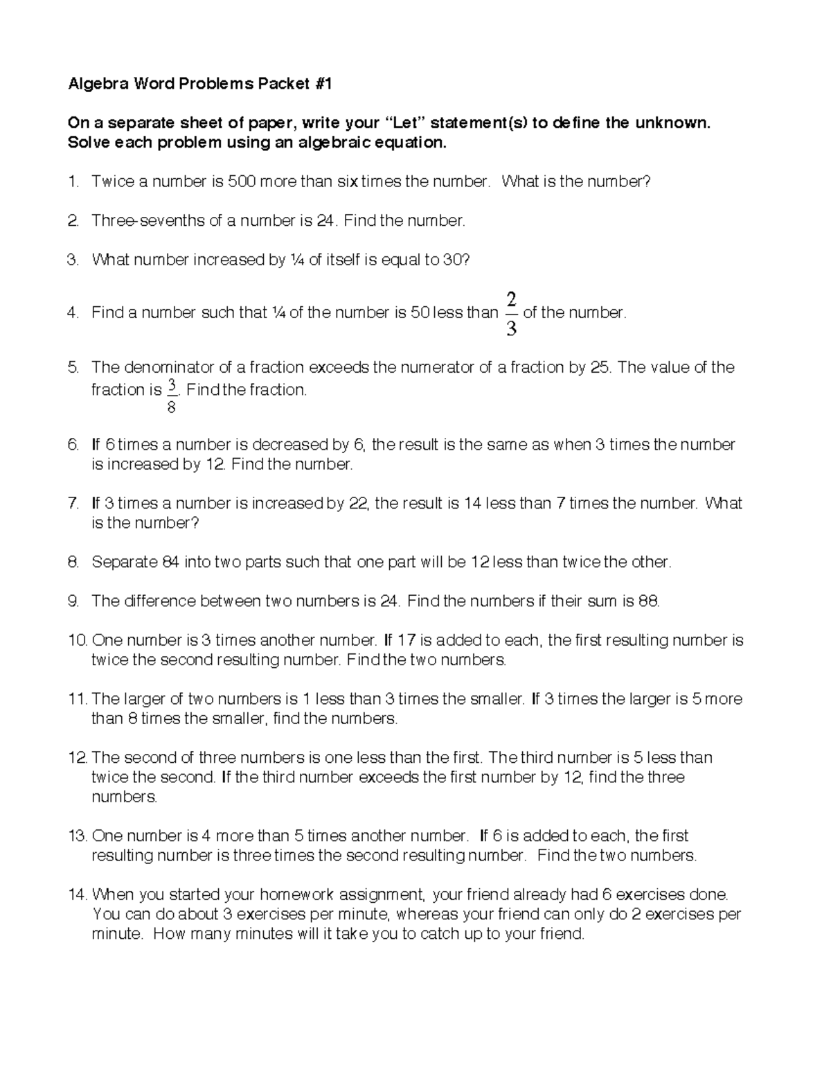 Algebra Word Problems Packet: Definitions and Solutions Guide - Studocu